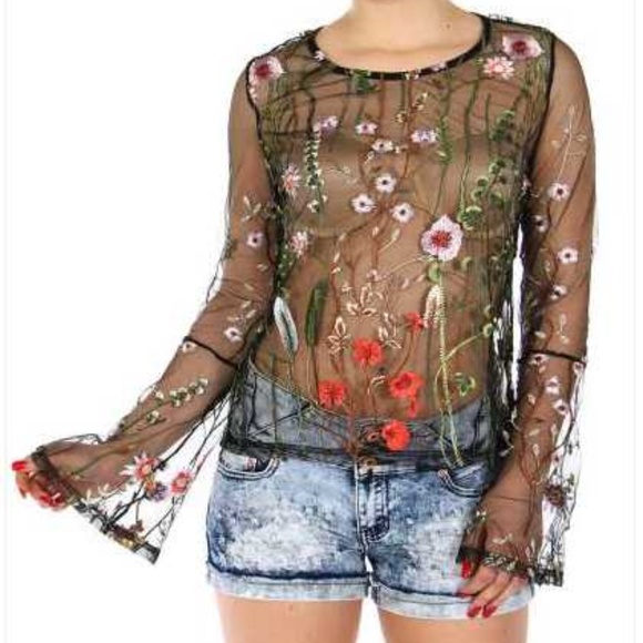Tops | New Floral Embroidery Mesh Flared Sleeve Top | Poshmark